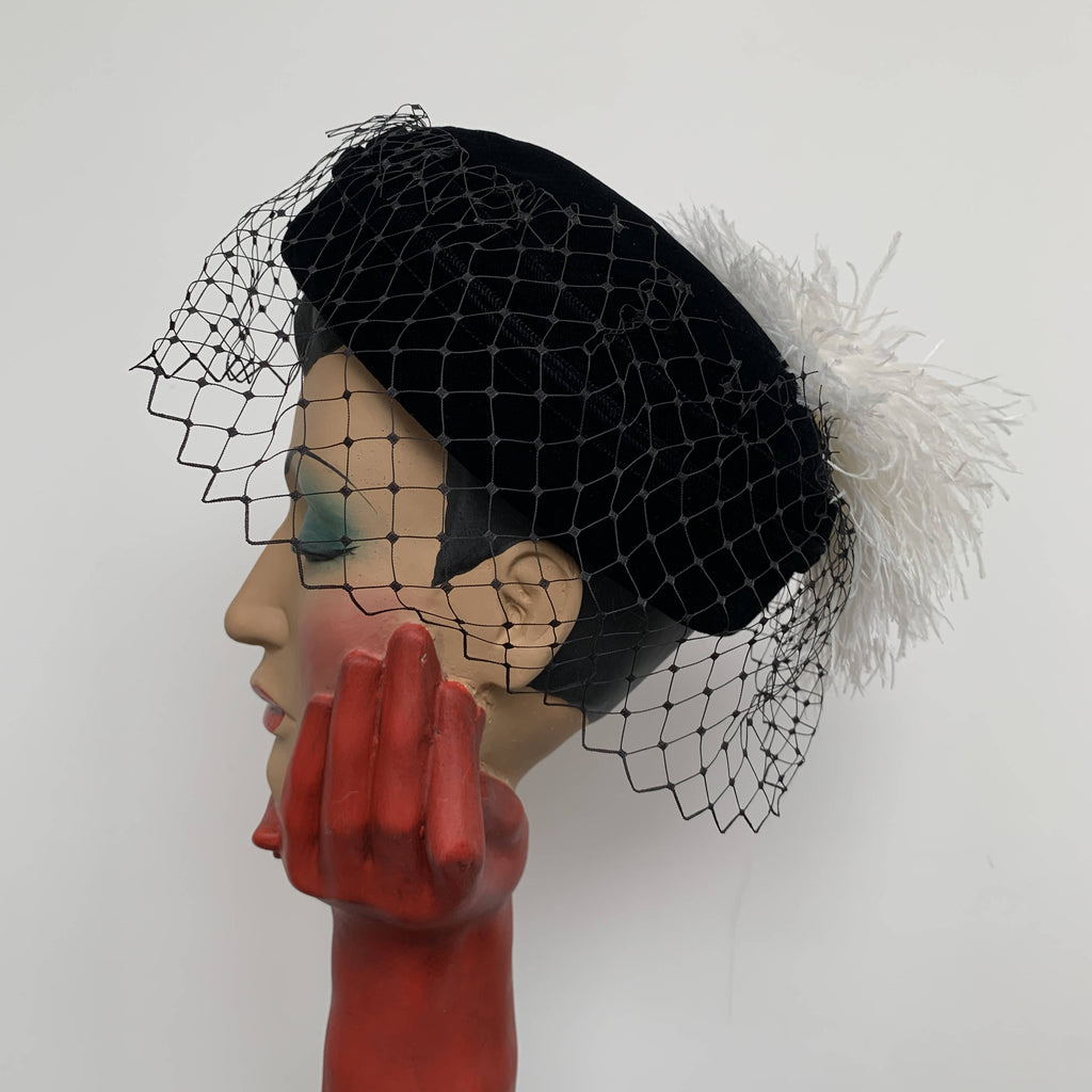 Vintage Black Velvet Pillbox Hat with Net Veils White Feathers | The ...