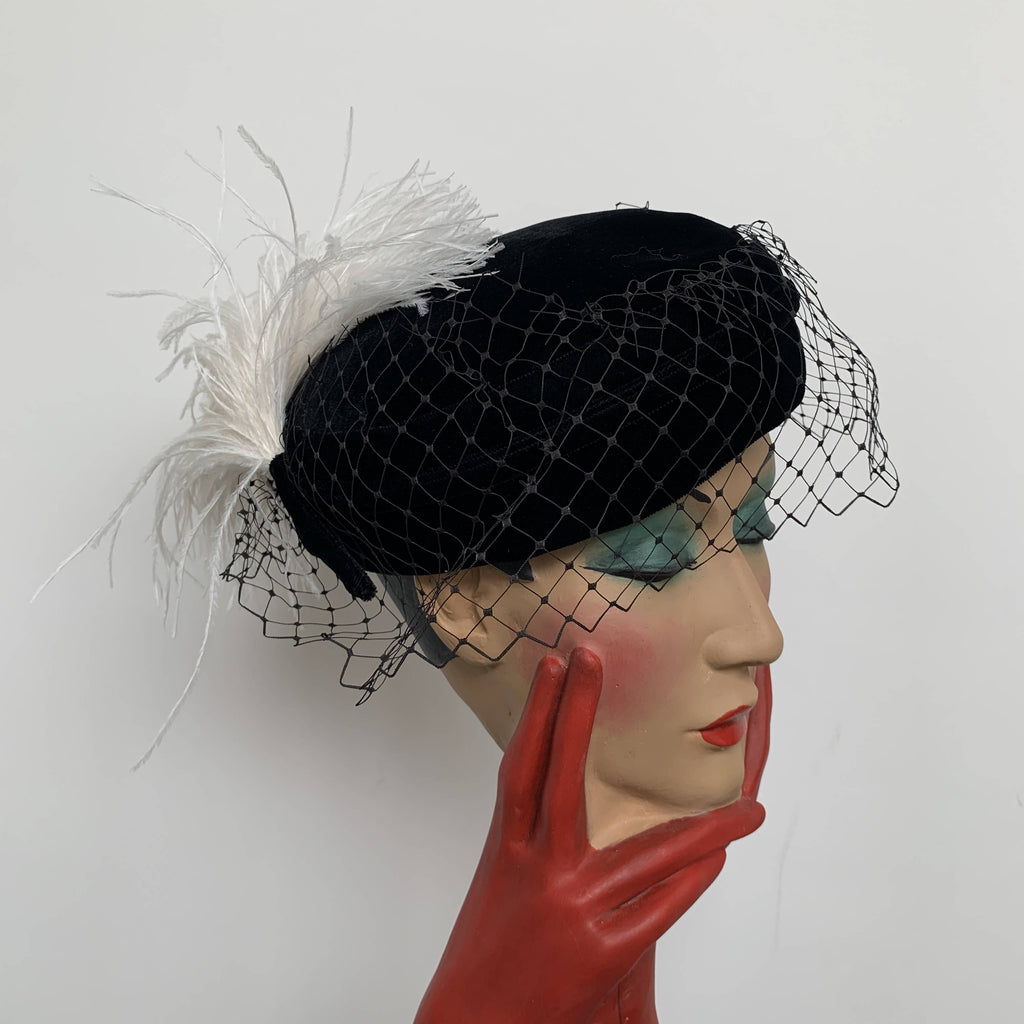 Vintage Black Velvet Pillbox Hat with Net Veils White Feathers | The ...