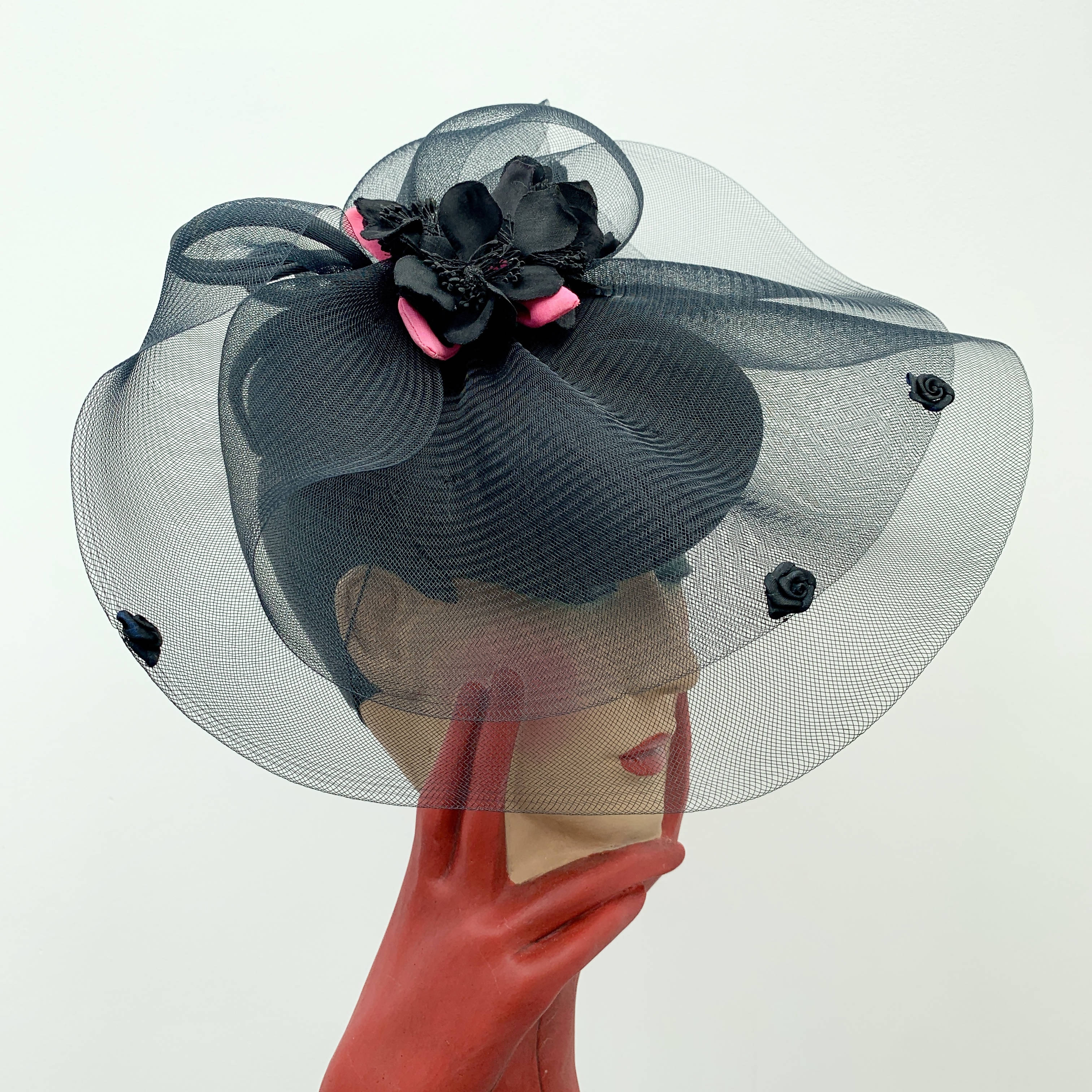 Vintage Mitzi Lorenz Designer 1980’s Black Disc Hat with Flower ...